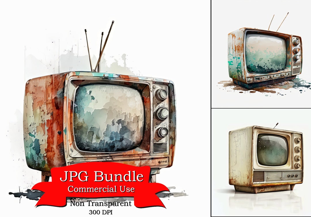 Vintage TV Watercolor Clipart, Retro Television Art, Digital Download ...