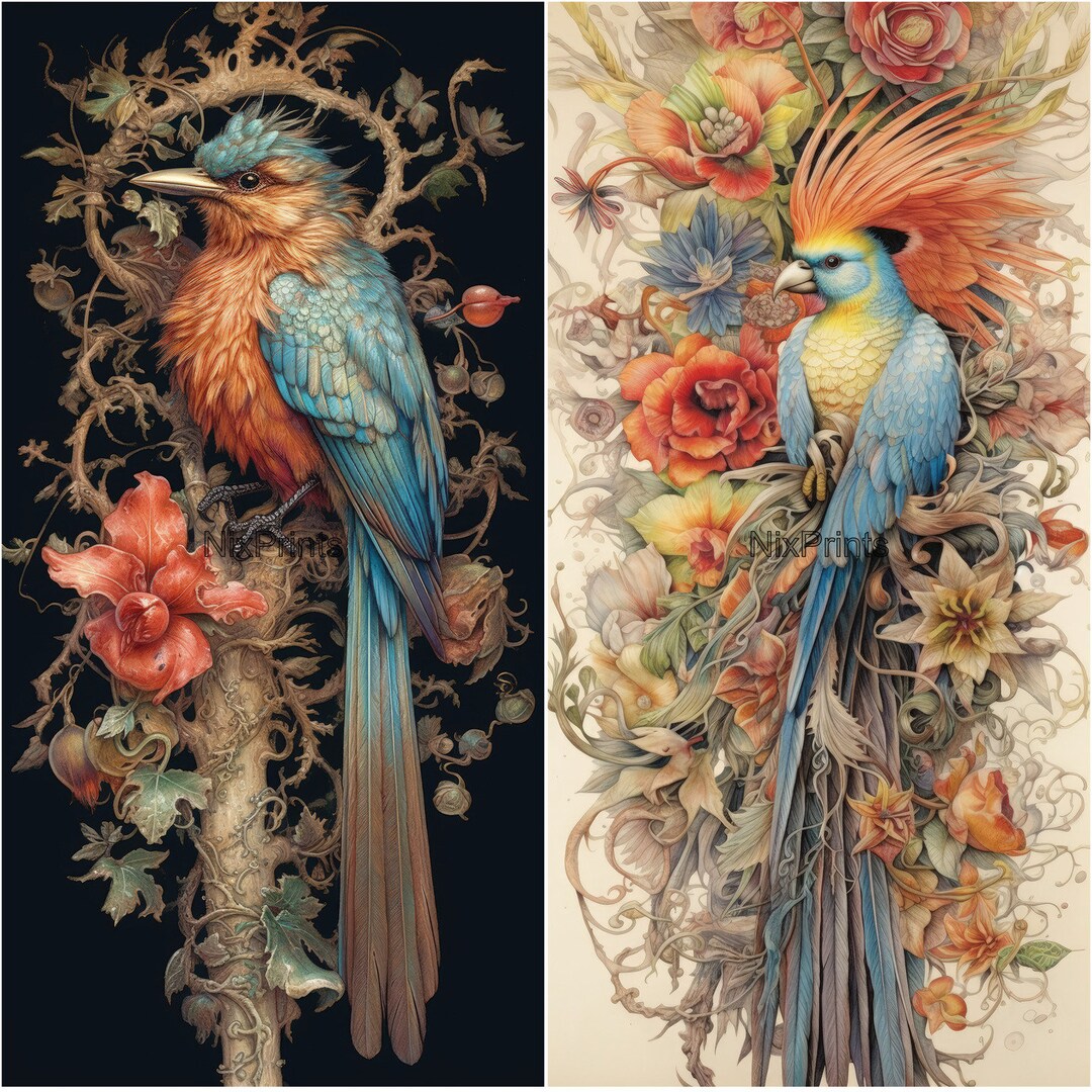 Bird Print, Vintage Bird Clipart, Royal Bird Clipart, Colorful Birds ...