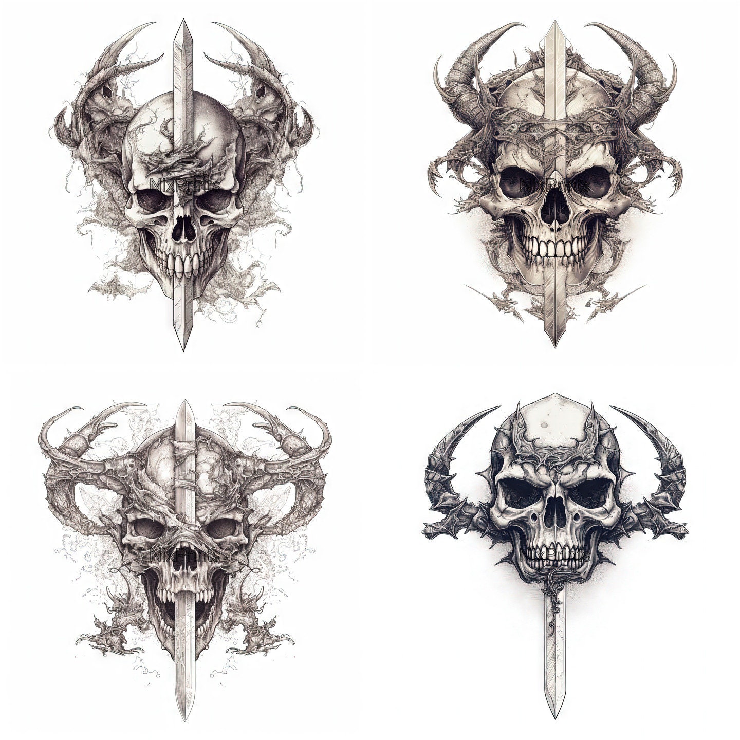 Skull and Sword Drawing Clipart in a Striking Composition - Etsy
