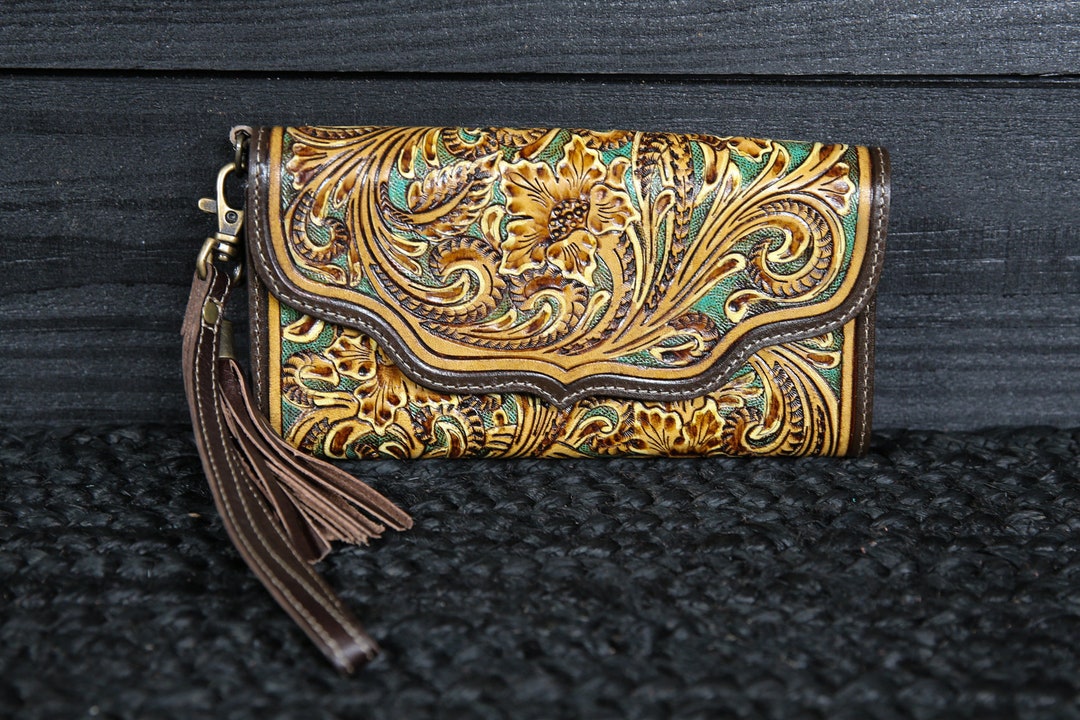 HAND-TOOLED Leather Wallet Western Wallet Western Clutch - Etsy