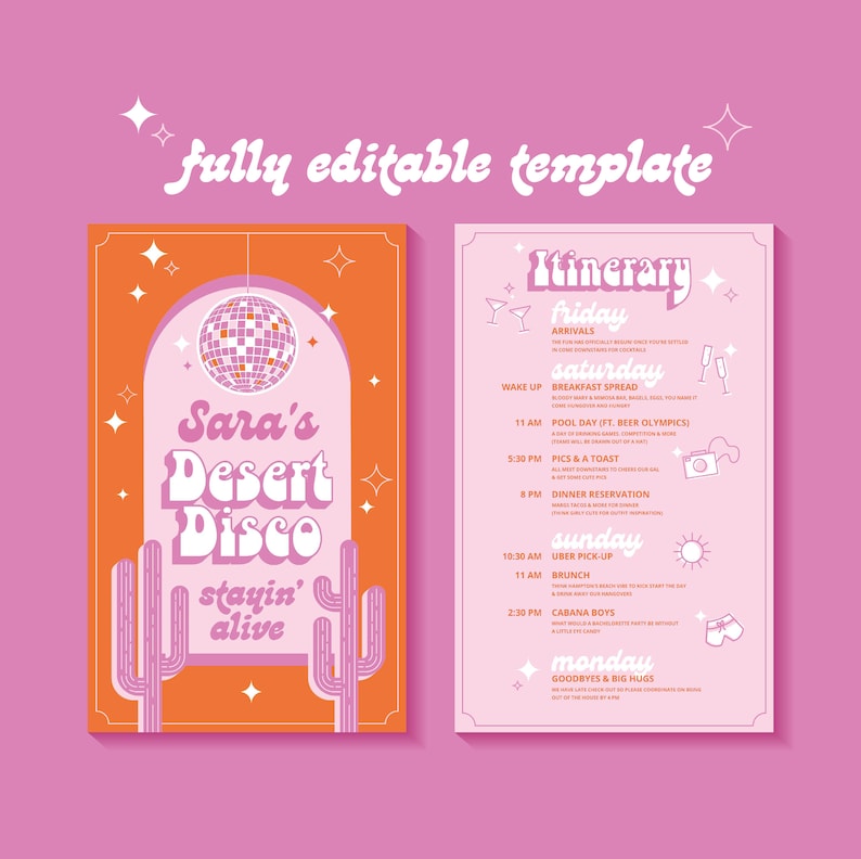 Desert Disco Bachelorette Itinerary: Scottsdale Party Invite (digital ...