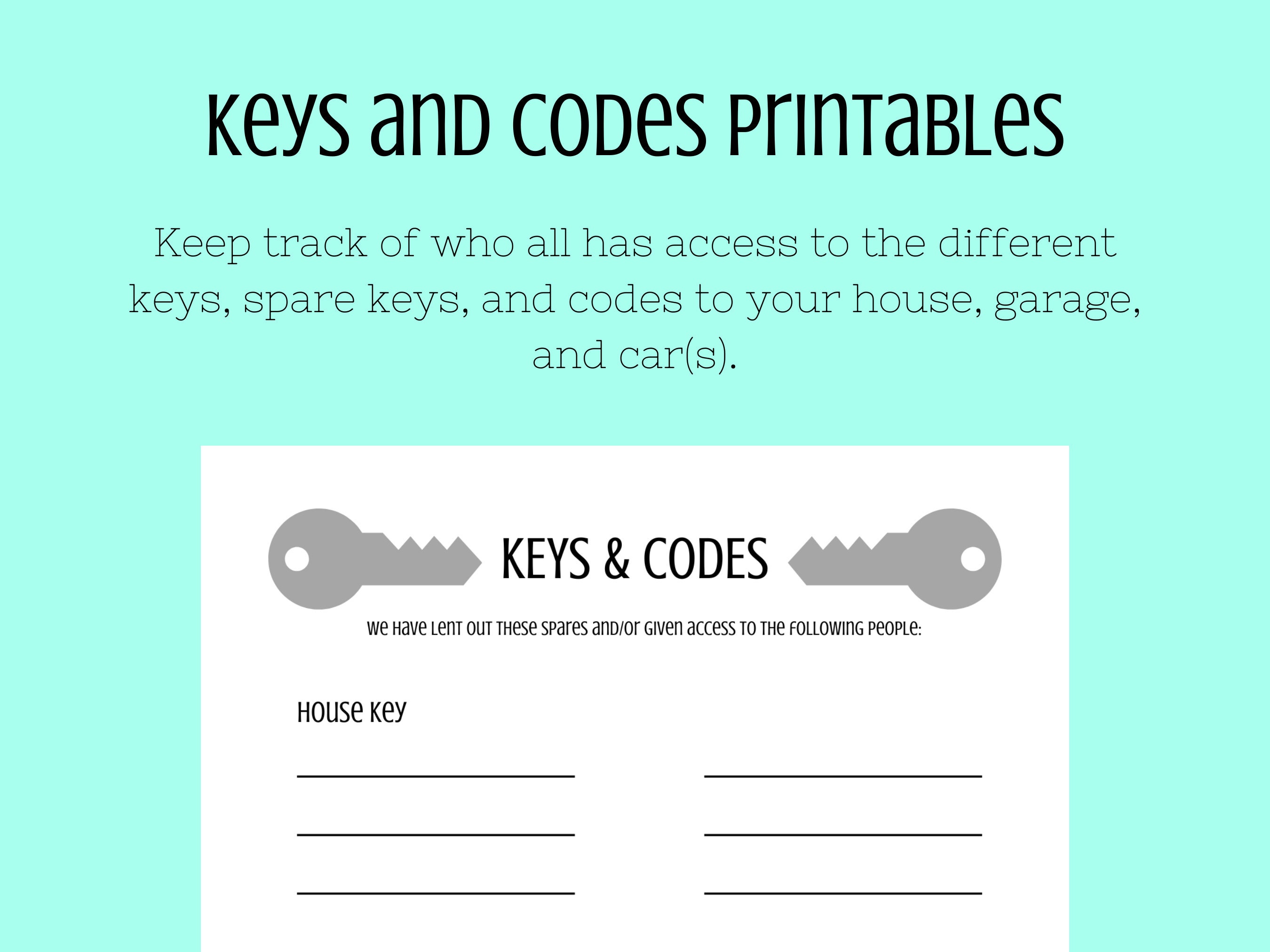 Printable Keys & Codes Home Management Document | Digital | Home ...