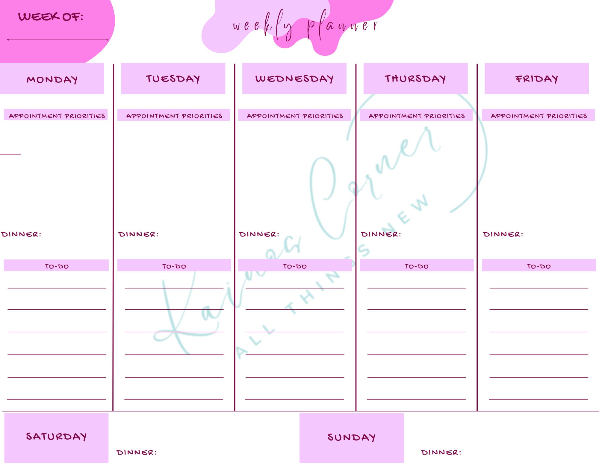Weekly Planner One Sheet Printable, To-do List, Dinner Plans, Simple ...
