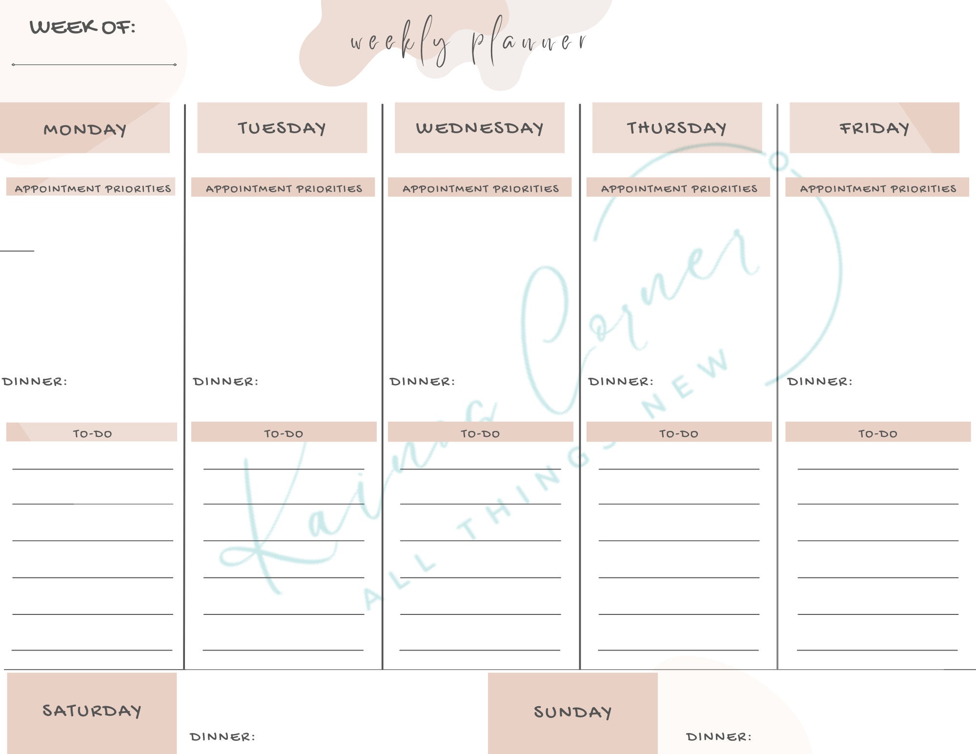 Weekly Planner One Sheet Printable, To-do List, Dinner Plans, Simple ...