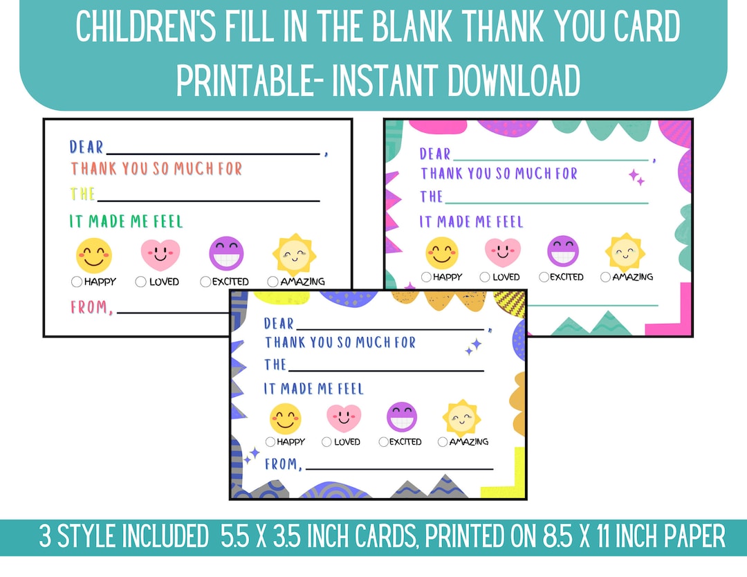 Printable Kids Thank You Cards - 3 Designs - Instant Digital Download ...