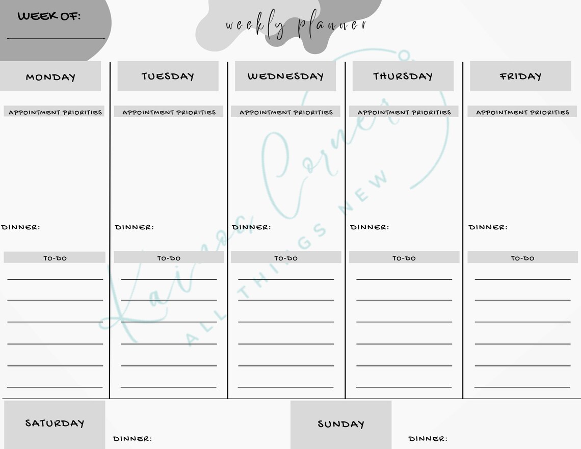 Weekly Planner One Sheet Printable, To-do List, Dinner Plans, Simple ...
