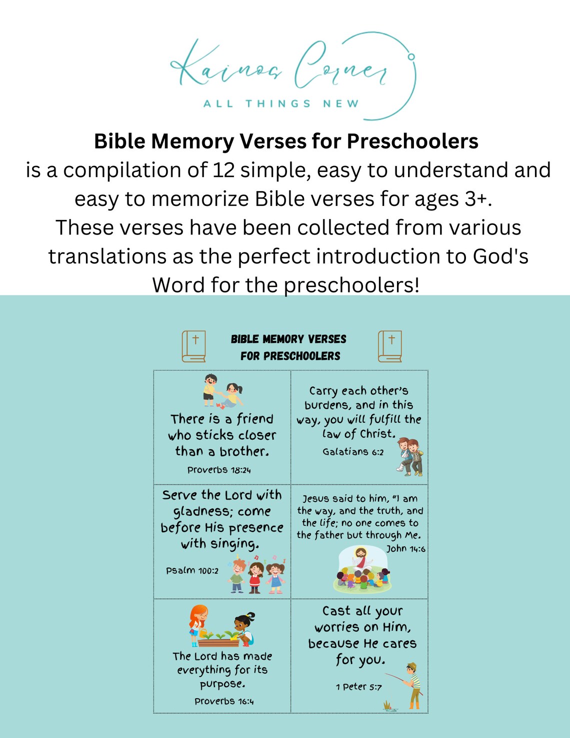 Bible Memory Verses for Preschoolers, Kids Scripture Cards, Printable ...