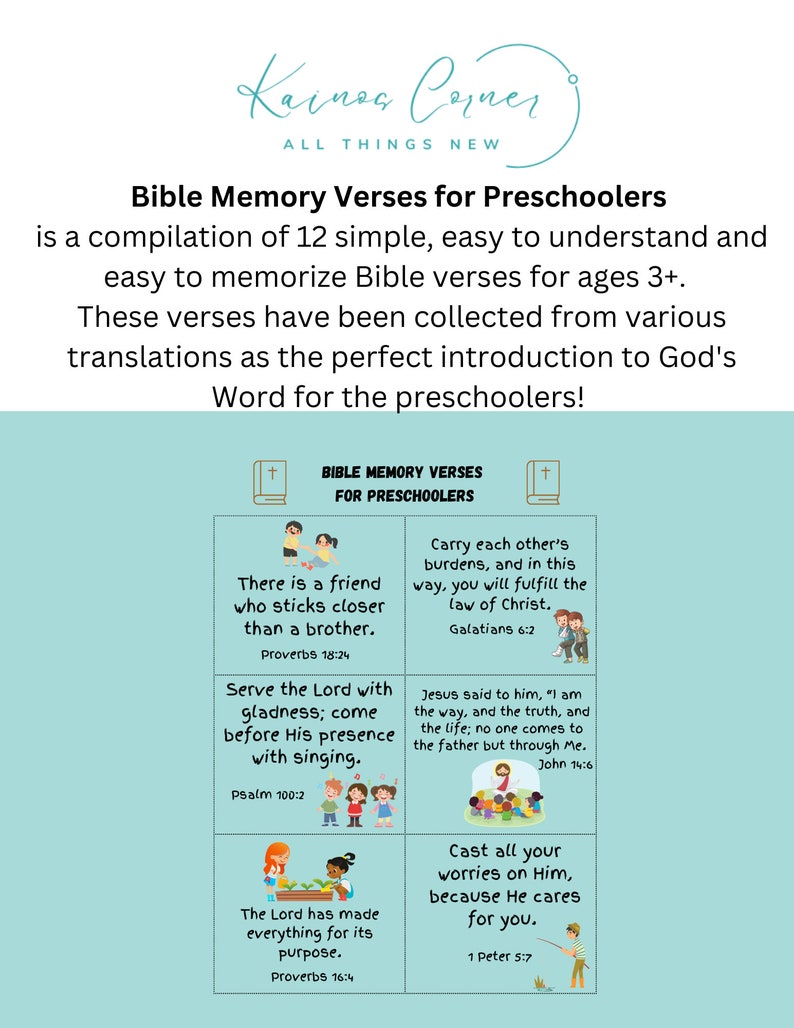 Bible Memory Verses for Preschoolers, Kids Scripture Cards, Printable ...