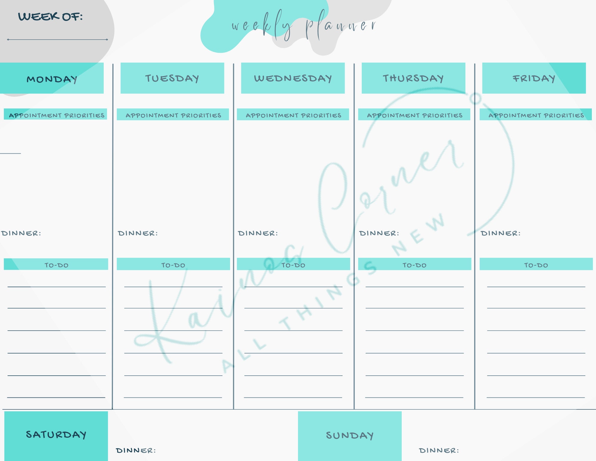 Weekly Planner One Sheet Printable, To-do List, Dinner Plans, Simple ...