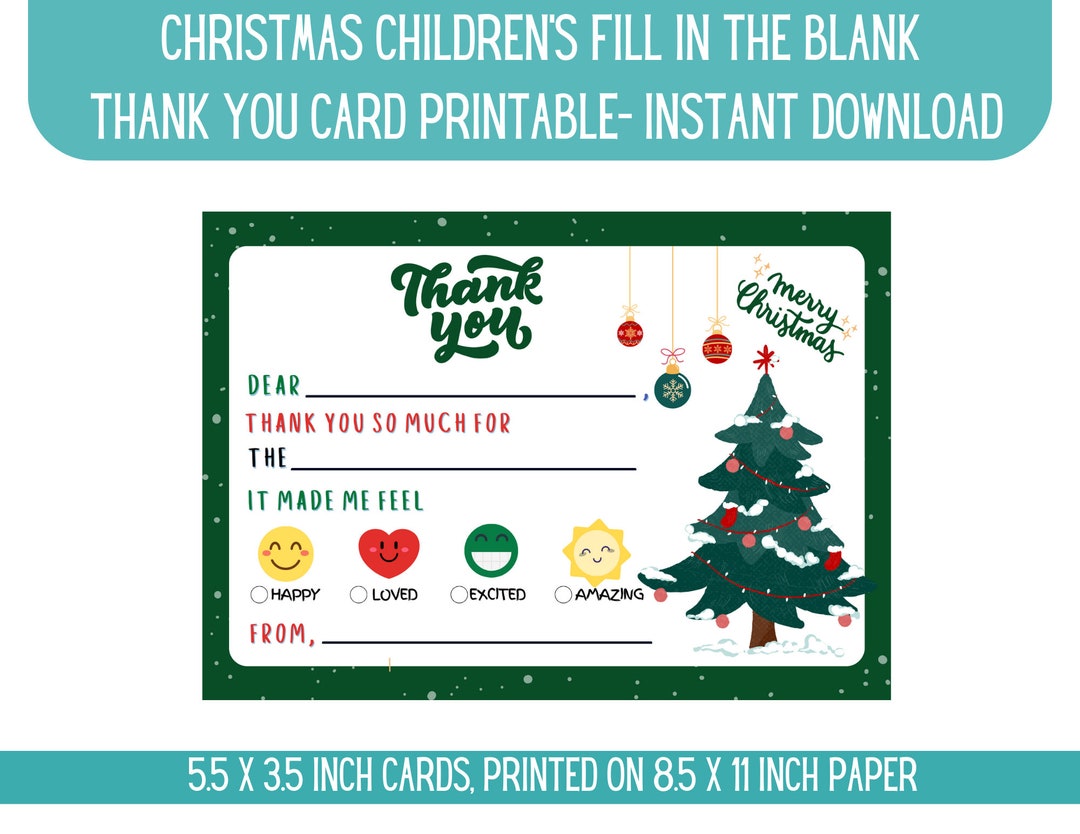 CHRISTMAS Printable Kids Fill in the Blank Thank You Cards | Holiday ...