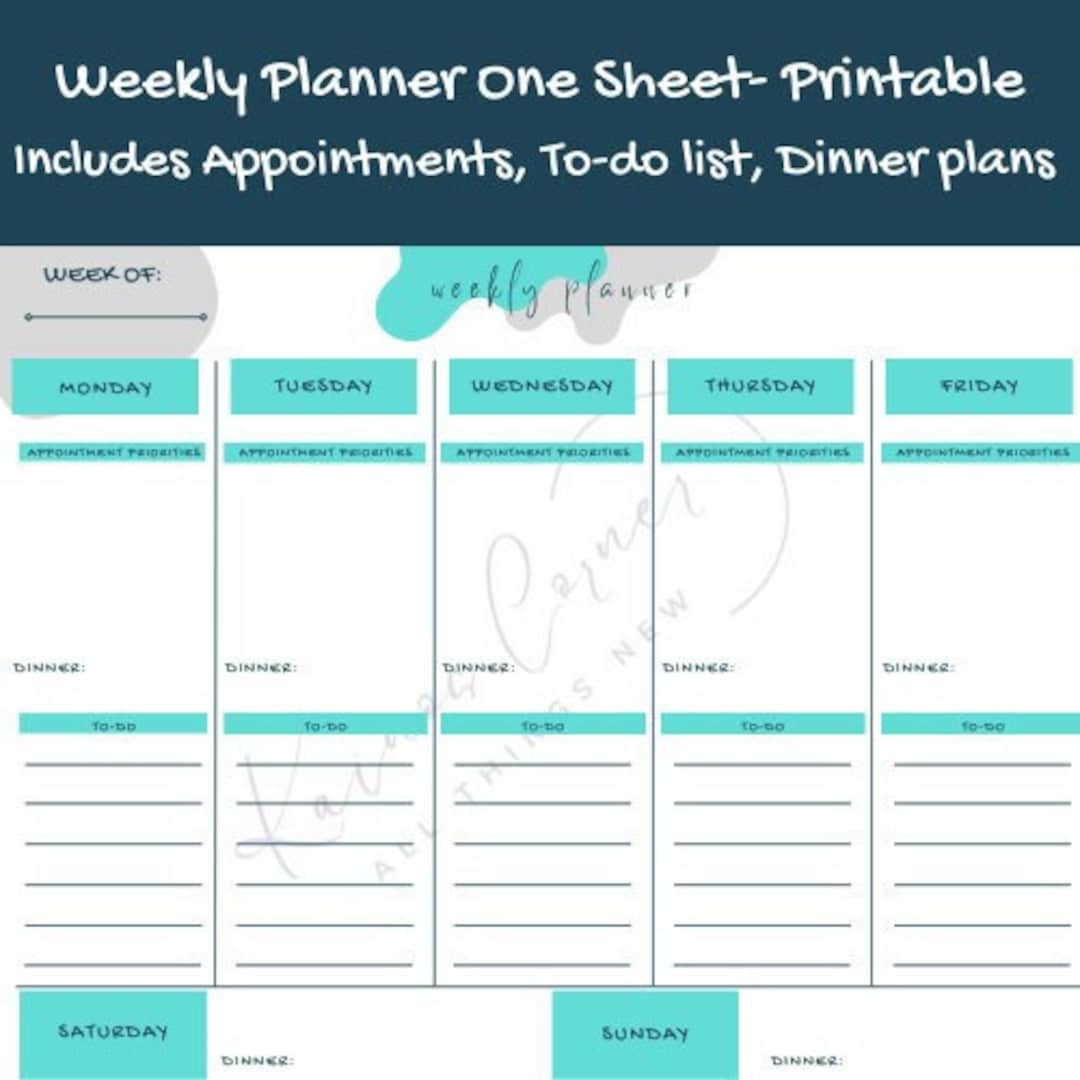 Weekly Planner One Sheet Printable, To-do List, Dinner Plans, Simple ...