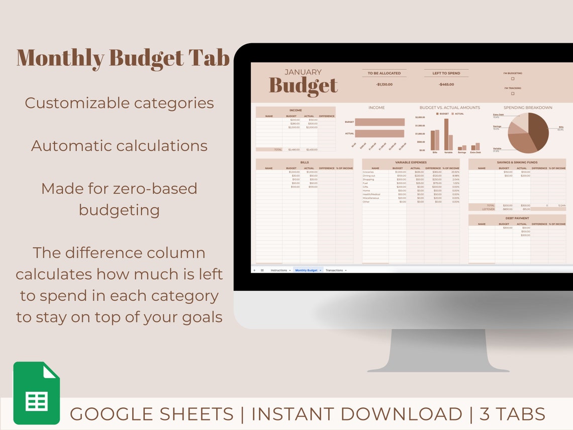 Monthly Budget Spreadsheet for Google Sheets, Zero Based Budget ...