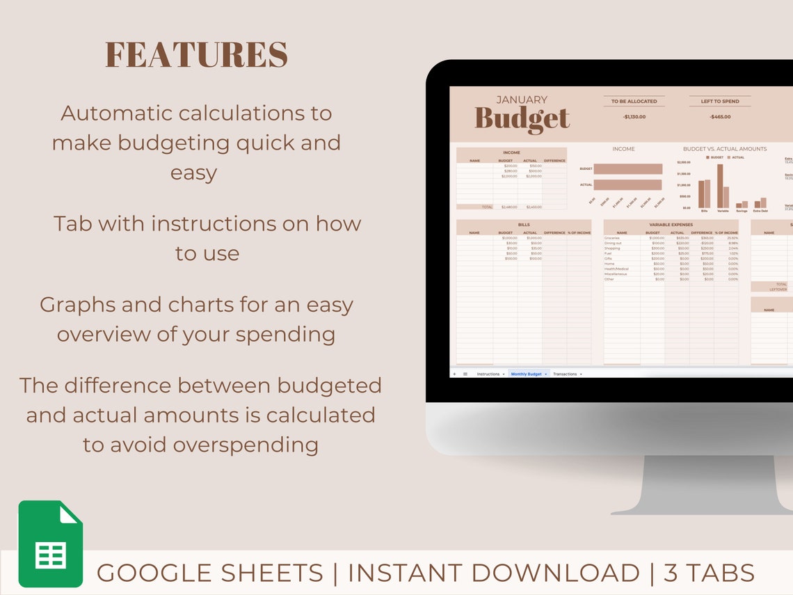 Monthly Budget Spreadsheet for Google Sheets, Zero Based Budget ...