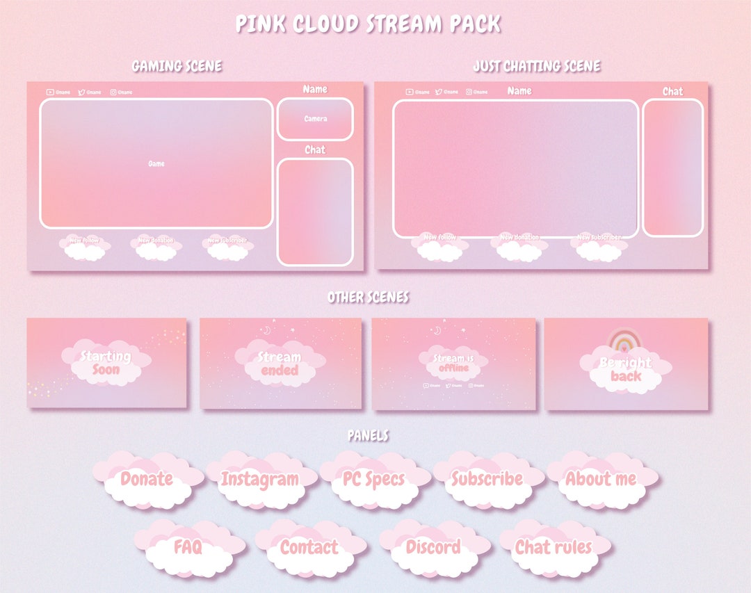 Cloud Streaming Pack OBS Overlays and Scenes | Streamlabs Pink or Blue ...