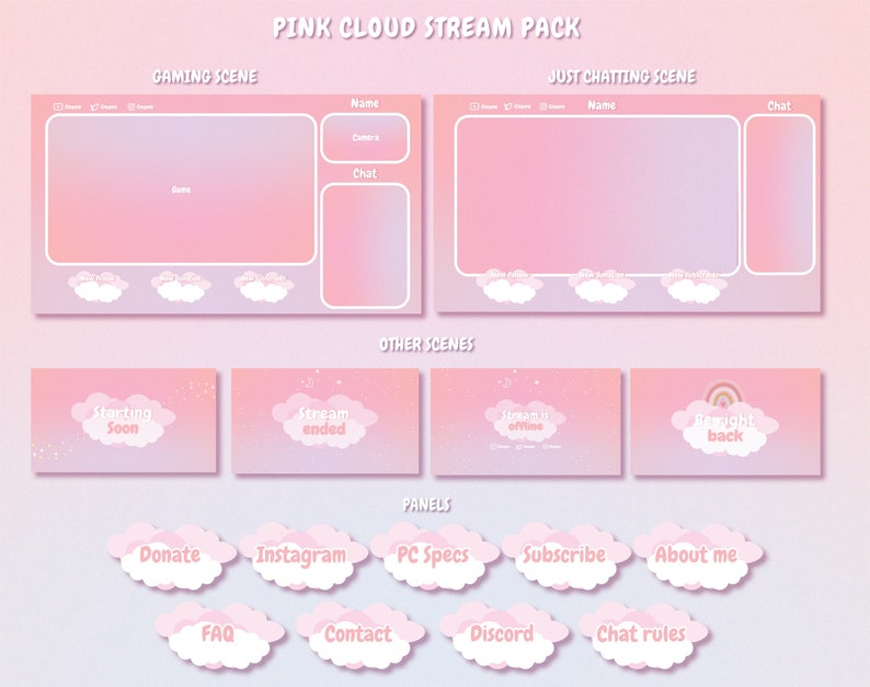 Cloud Streaming Pack OBS Overlays and Scenes | Streamlabs Pink or Blue ...