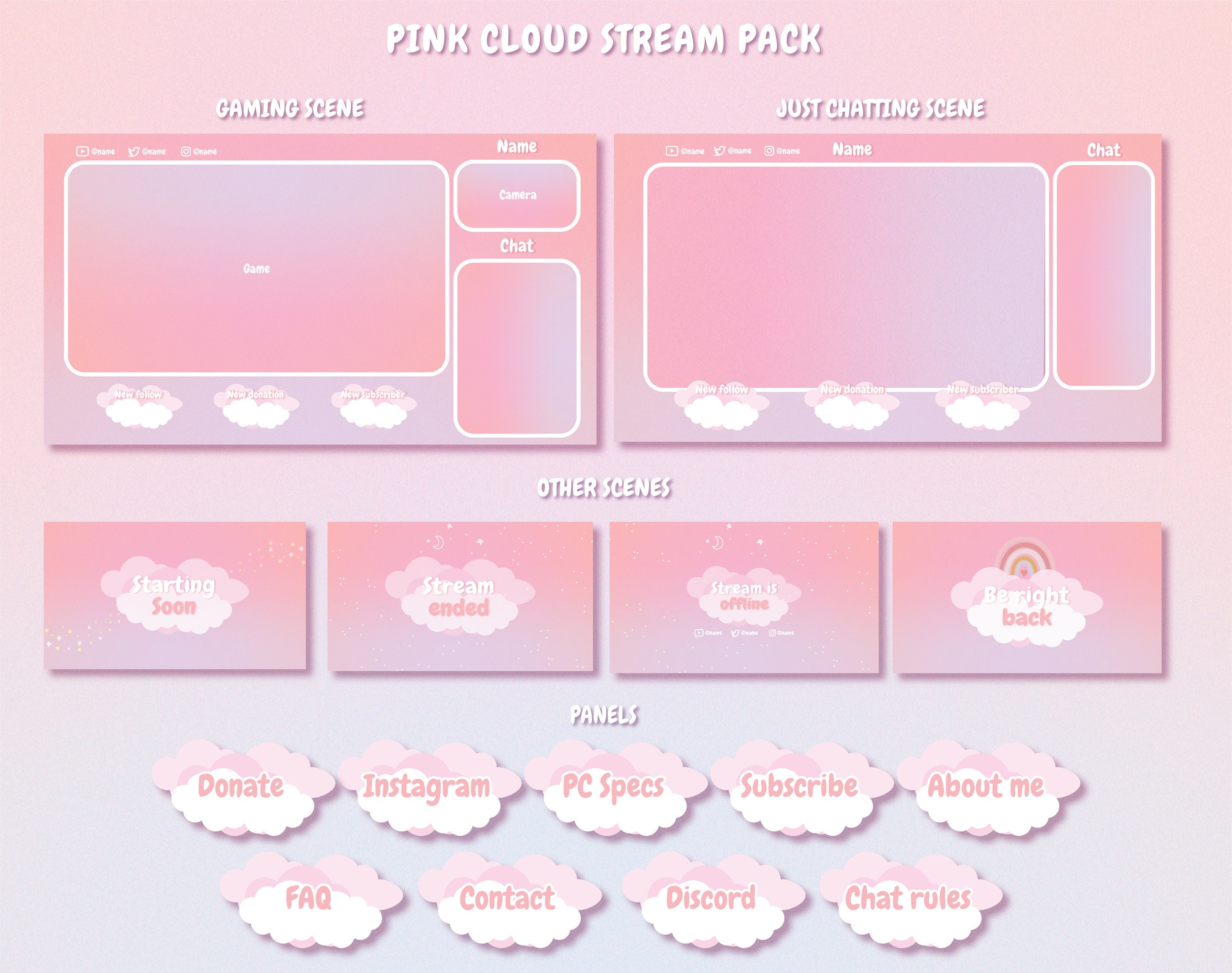 Cloud Streaming Pack OBS Overlays and Scenes | Streamlabs Pink or Blue ...