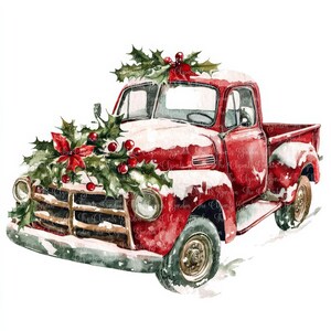 10 Christmas Red Blue Pickup Car Clipart, Digital Paper, Watercolor ...