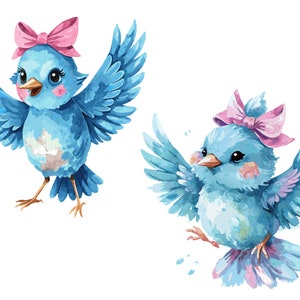Blue Bird With a Pink Bow Watercolor SVG 5 Cute Clipart - Garden Flying ...