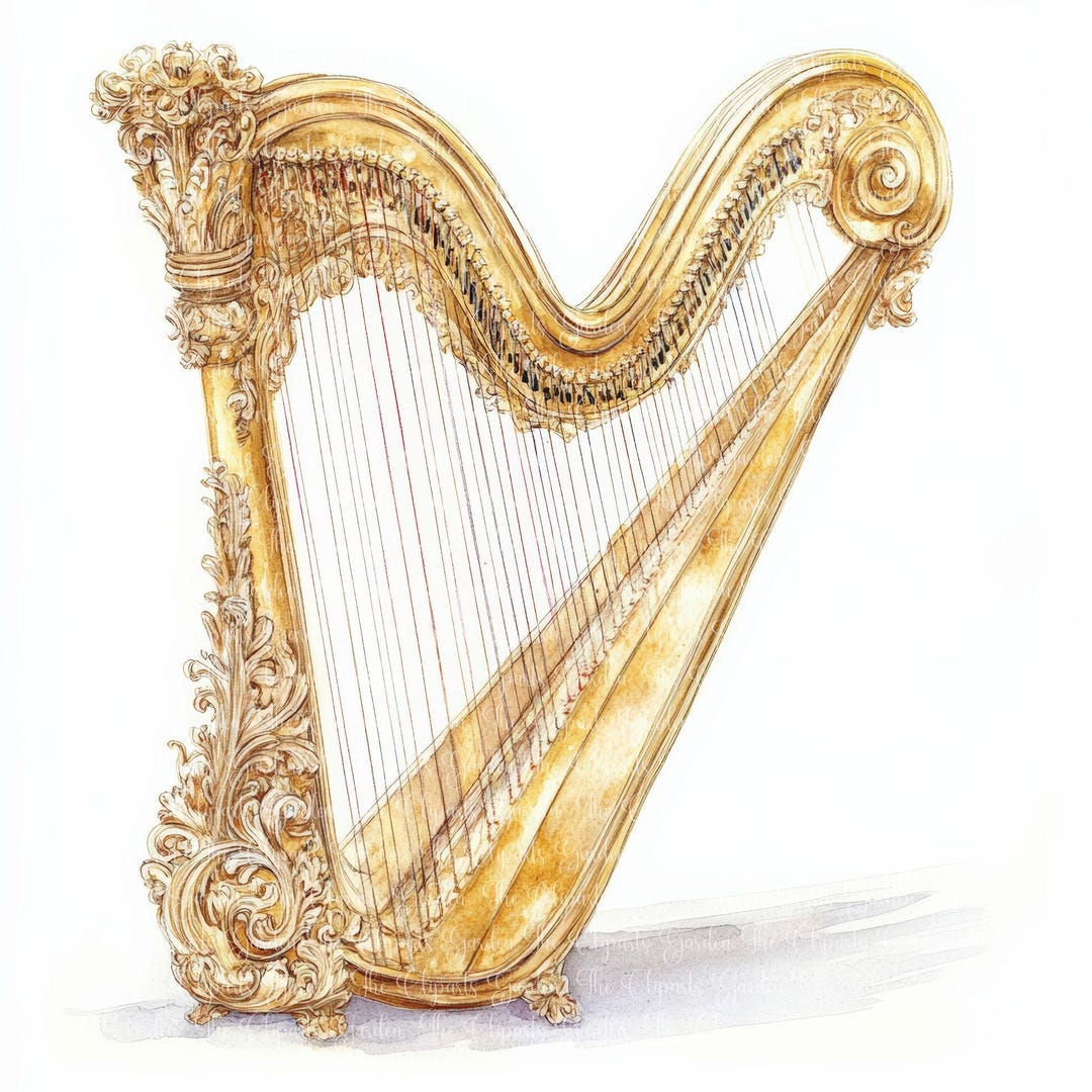 10 Gold Harp Music JPEG Clipart, Digital Paper, Watercolor Ephemera ...