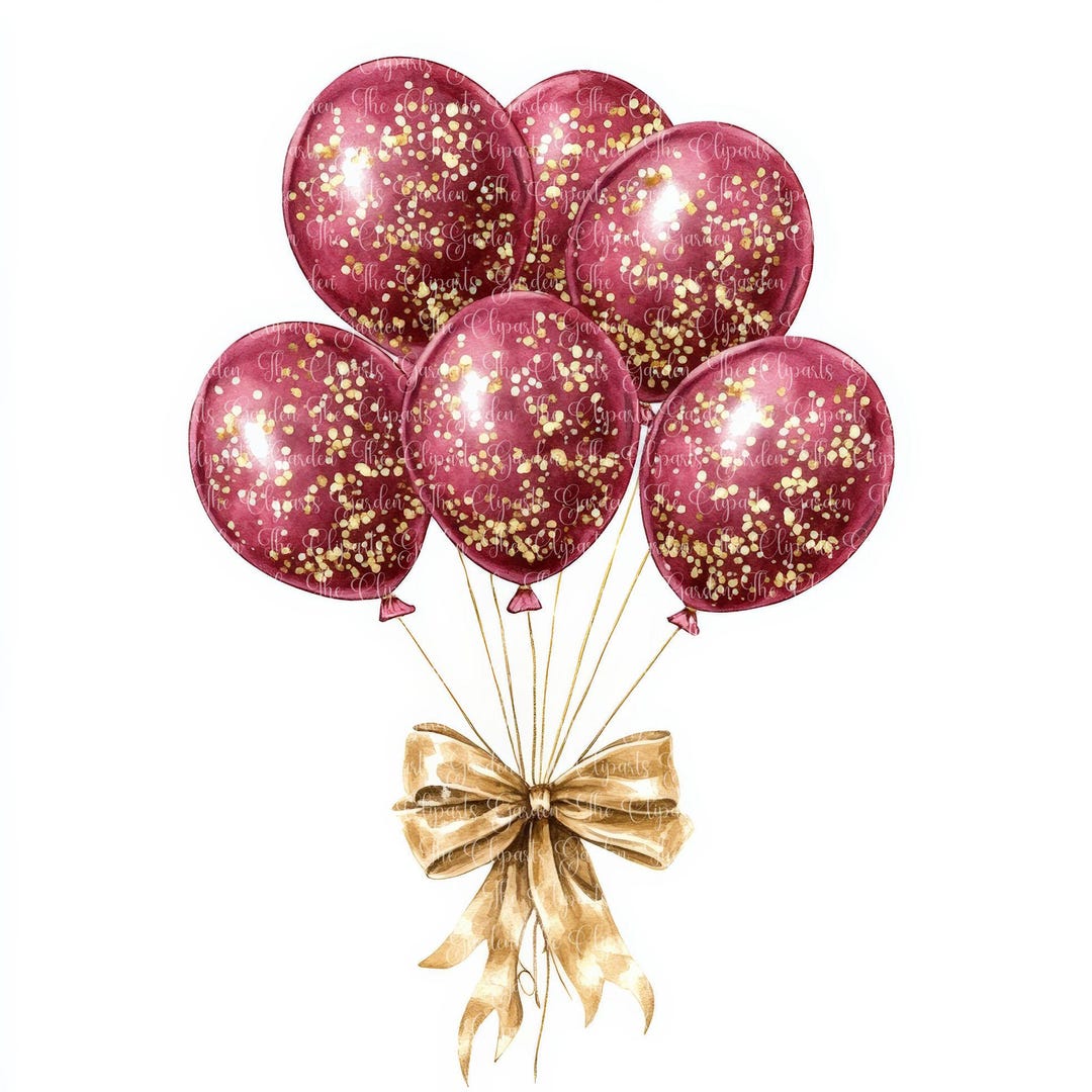 10 Burgundy Red Balloons With Gold Glitter JPEG Clipart, Watercolor ...