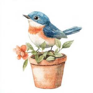 10 Bird on a Plant Pot JPEG Clipart, Digital Paper, Watercolor Ephemera ...