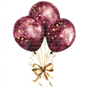 10 Burgundy Red Balloons With Gold Glitter JPEG Clipart, Watercolor ...