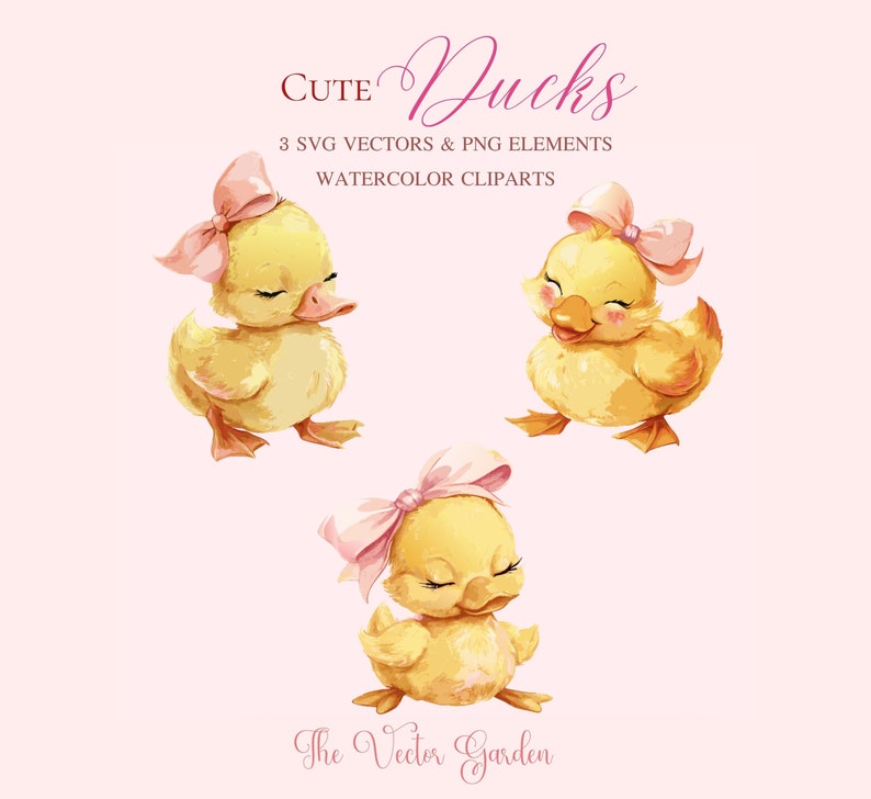 Baby Duck With a Pink Bow Watercolor SVG 3 Cute Duckling Clipart ...