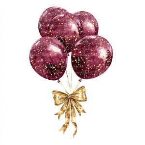 10 Burgundy Red Balloons With Gold Glitter JPEG Clipart, Watercolor ...