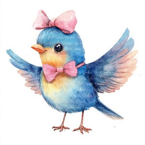 10 Blue Bird Pink Bow JPEG Clipart, Digital Paper, Watercolor Ephemera ...