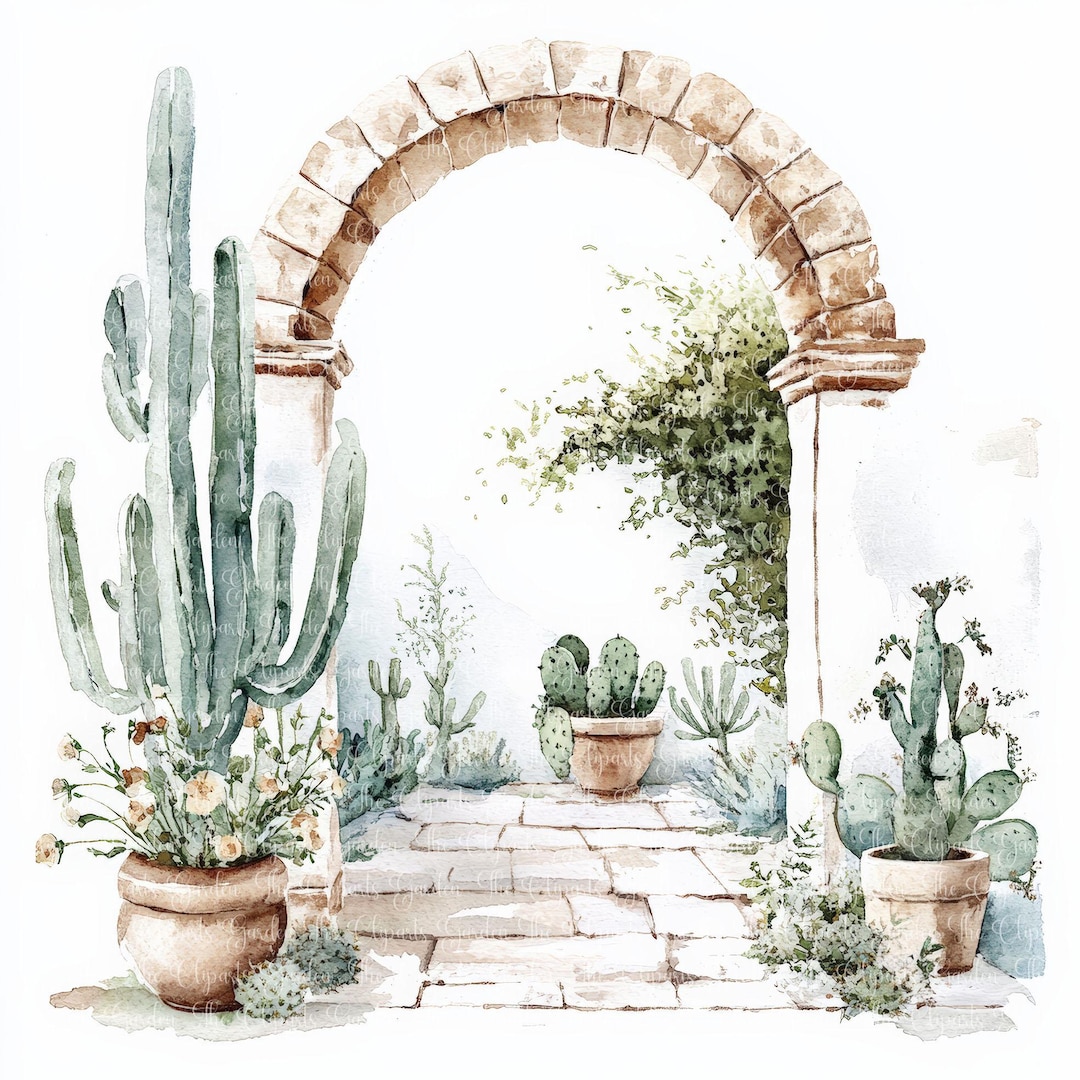 10 Boho Cactus Arrangement Arch JPEG Clipart, Watercolor Wedding ...
