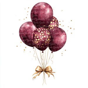 10 Burgundy Red Balloons With Gold Glitter JPEG Clipart, Watercolor ...