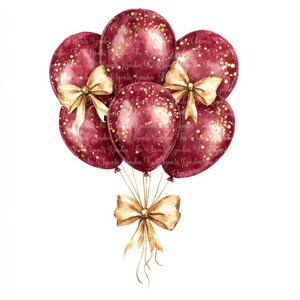10 Burgundy Red Balloons With Gold Glitter JPEG Clipart, Watercolor ...