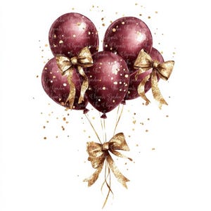 10 Burgundy Red Balloons With Gold Glitter JPEG Clipart, Watercolor ...
