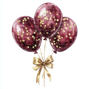 10 Burgundy Red Balloons With Gold Glitter JPEG Clipart, Watercolor ...