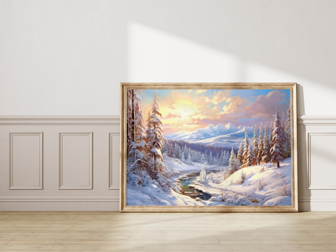 Winter Landscape Sunset Mountain Art Print, Snowy Mountain Digital ...