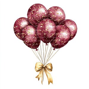 10 Burgundy Red Balloons With Gold Glitter JPEG Clipart, Watercolor ...