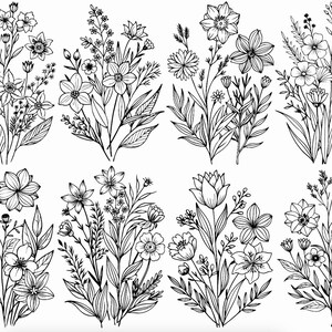 Botanical Bliss Line Art Ink Bouquets - Floral Clipart Png Svg ...