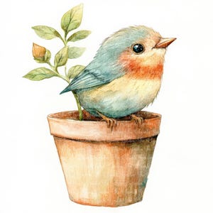 10 Bird on a Plant Pot JPEG Clipart, Digital Paper, Watercolor Ephemera ...
