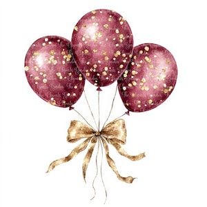 10 Burgundy Red Balloons With Gold Glitter JPEG Clipart, Watercolor ...