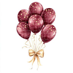 10 Burgundy Red Balloons With Gold Glitter JPEG Clipart, Watercolor ...