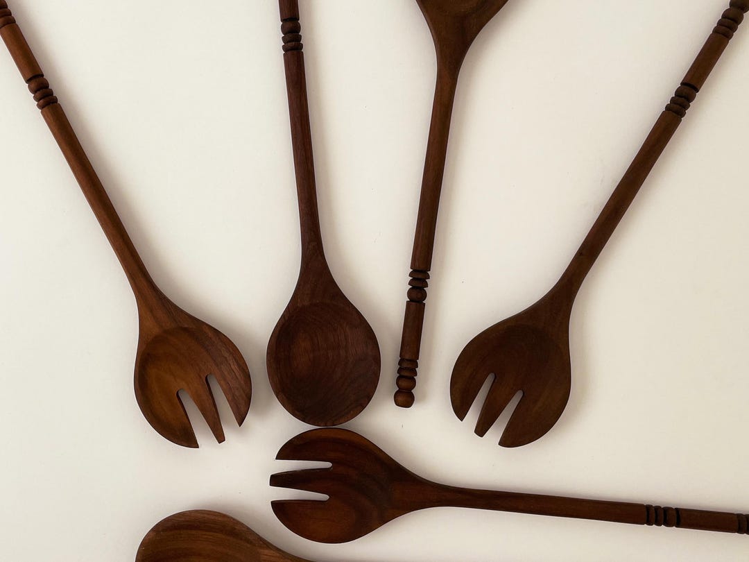 Hand Carved Walnut Salad Servers: Totem Kitchen Utensils, Made in USA ...
