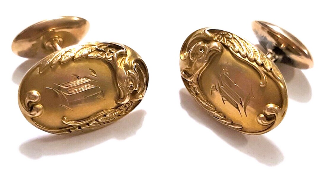 15K YG Edwardian Art Nouveau Deco Eagle Relief Cuff Links "l" Mono ...
