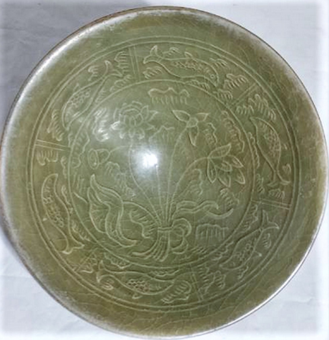 Antique Song Yaozhou Celadon Fishes Flowers Molded Fluted Conical ...