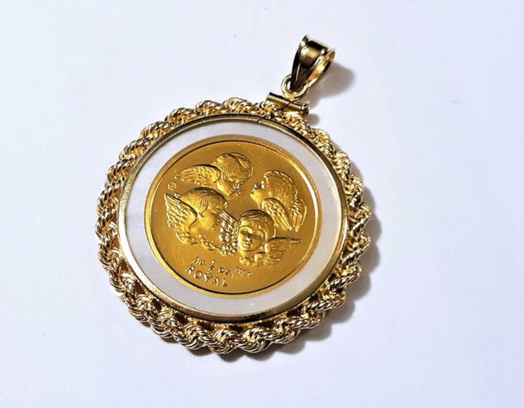 Vtg 14K & 999.9 Royal Angels Coin in Rope Coin Bezel Mother Pearl ...