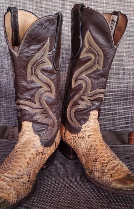 CROWN BOOT All Leather Western Flame Cowboy Brass Toe Tips Snakeskin ...