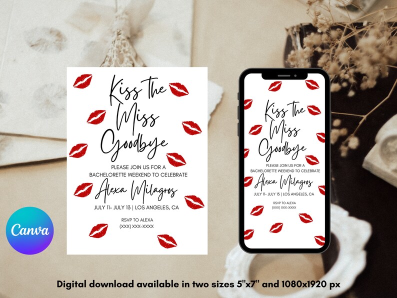 Kiss the Miss Goodbye Invitation, Bachelorette Digital Invite ...