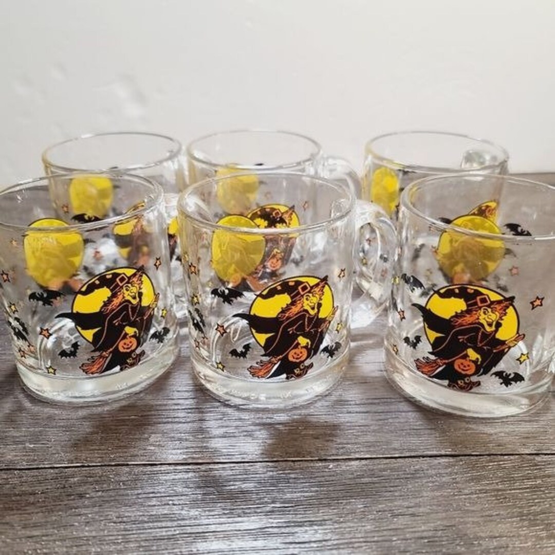 Vintage Halloween Clear Glass Witch Full Moon Bats Mug Set of 6 - Etsy