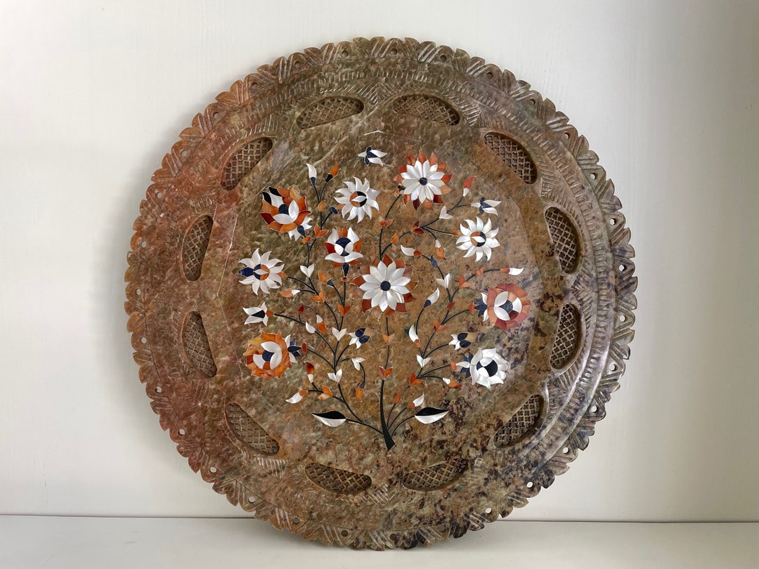 Carved Soapstone 15" Platter With Floral Pattern Colored Stone and ...
