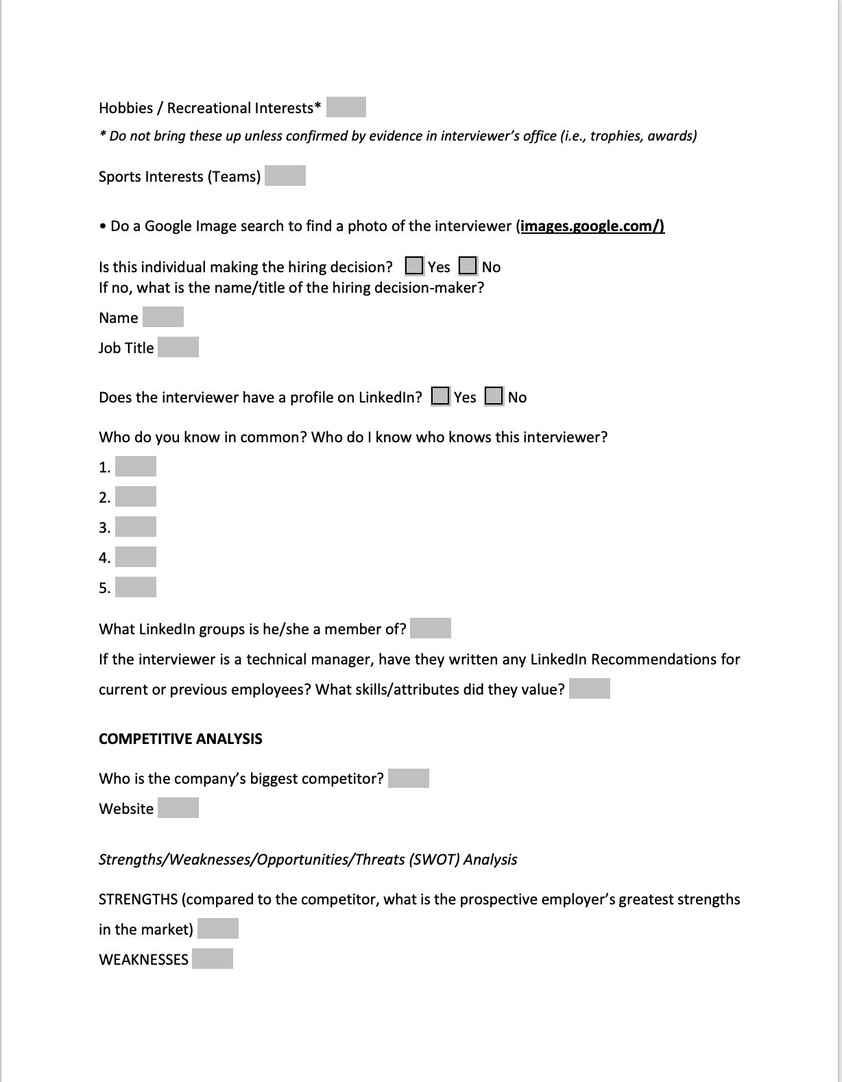 Pre-interview Worksheet and Checklist (fillable Word Document) - Etsy