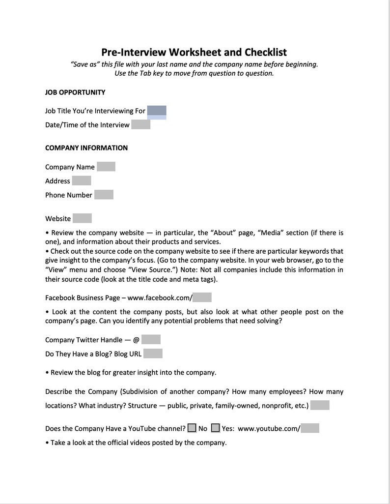 Pre-interview Worksheet and Checklist (fillable Word Document) - Etsy